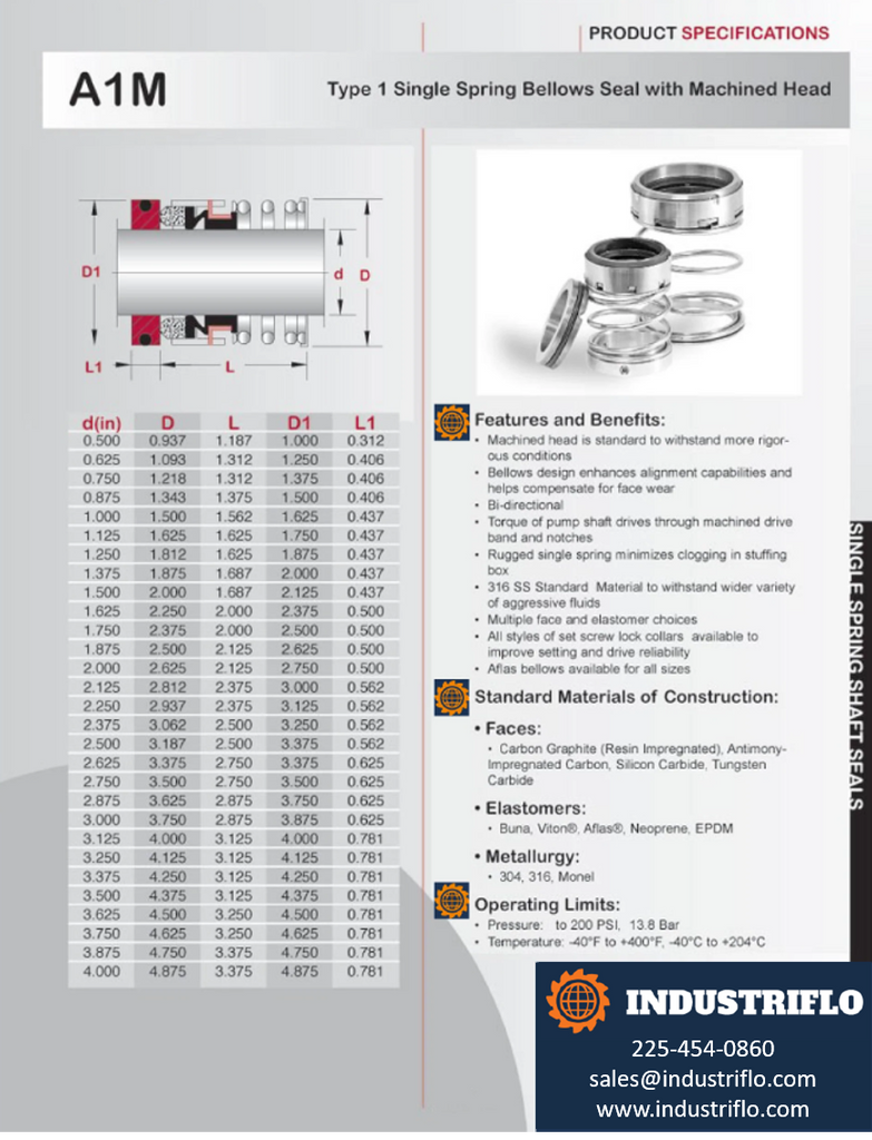 A1M - Type 1 Single Spring Bellows Seal with Machined Head – Industriflo